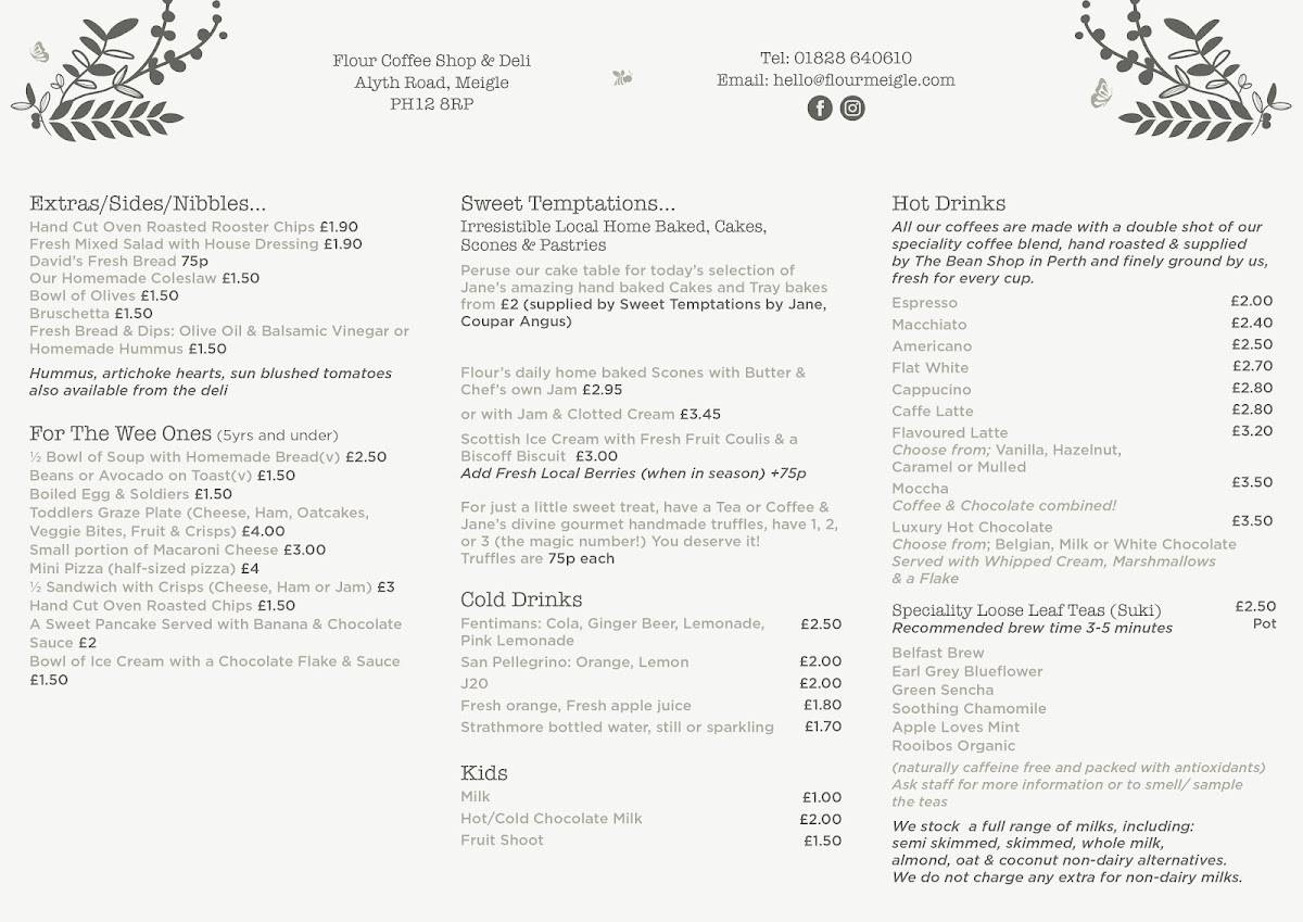 Carta del café Flour Coffee Shop & Deli, Meigle