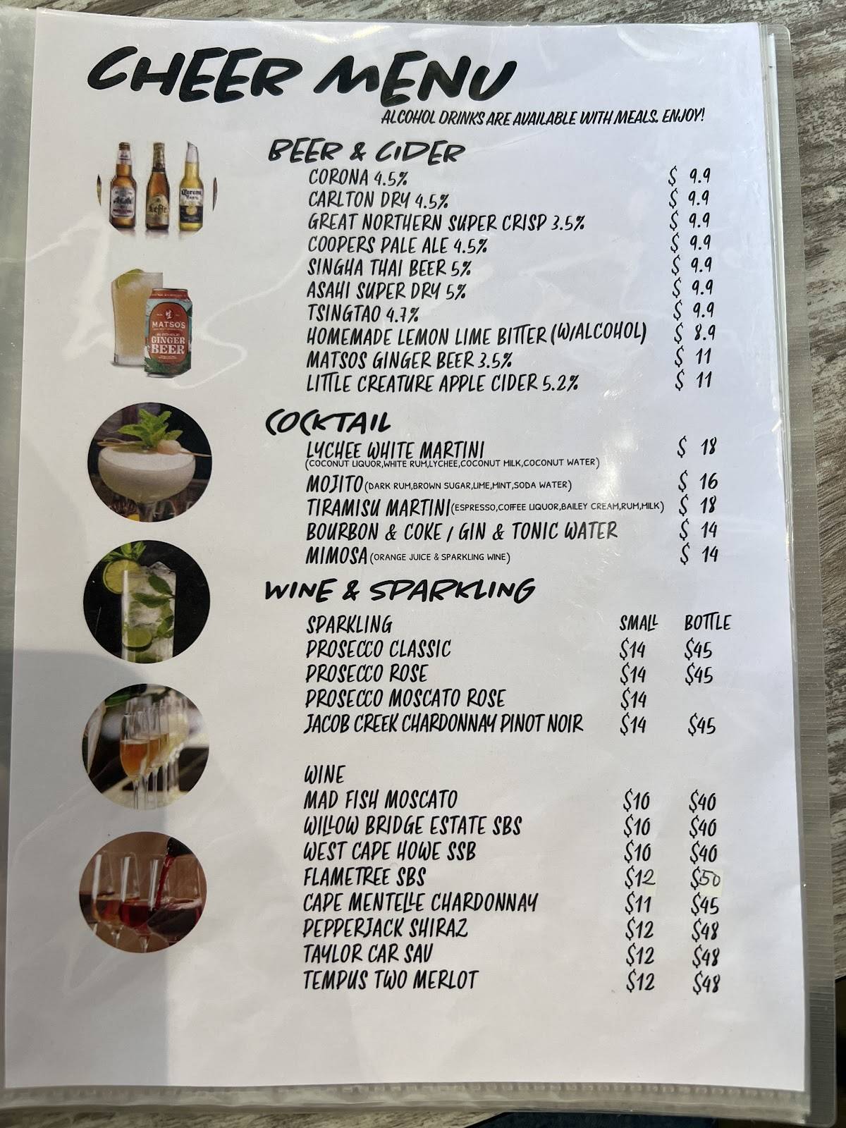 Menu at Flow 36 restaurant, Bunbury
