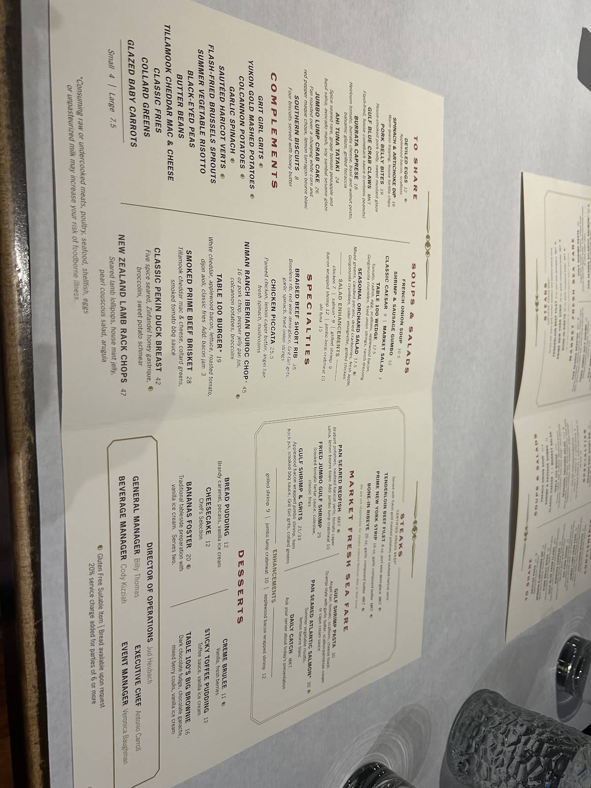 Menu at Table 100 restaurant, Flowood