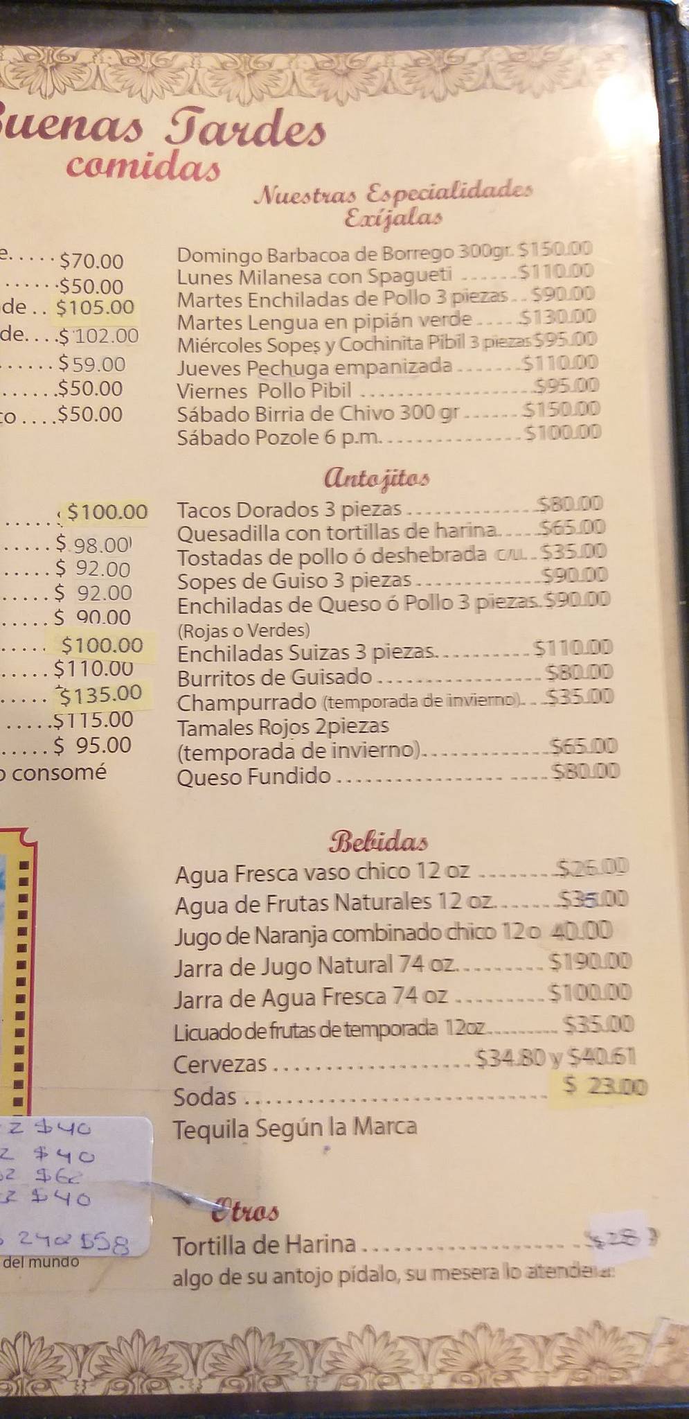 Menu at Fonda La Finca restaurant, Tijuana, José María Velazco 2680