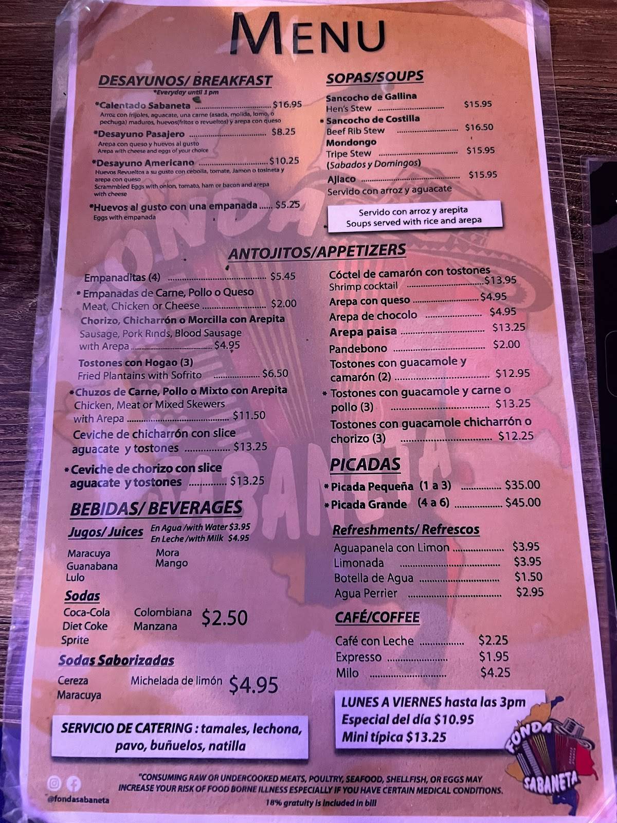Menu at Fonda Sabaneta restaurant, Miami