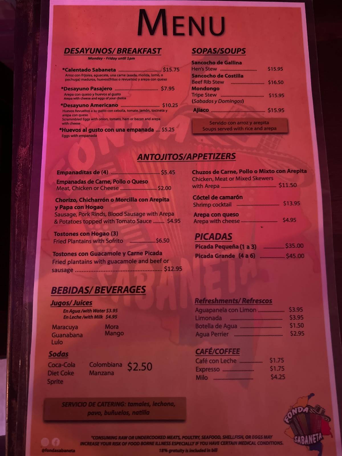 Menu at Fonda Sabaneta restaurant, Miami