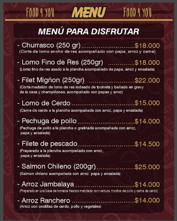 Menu at Food4You restaurant, Bogotá