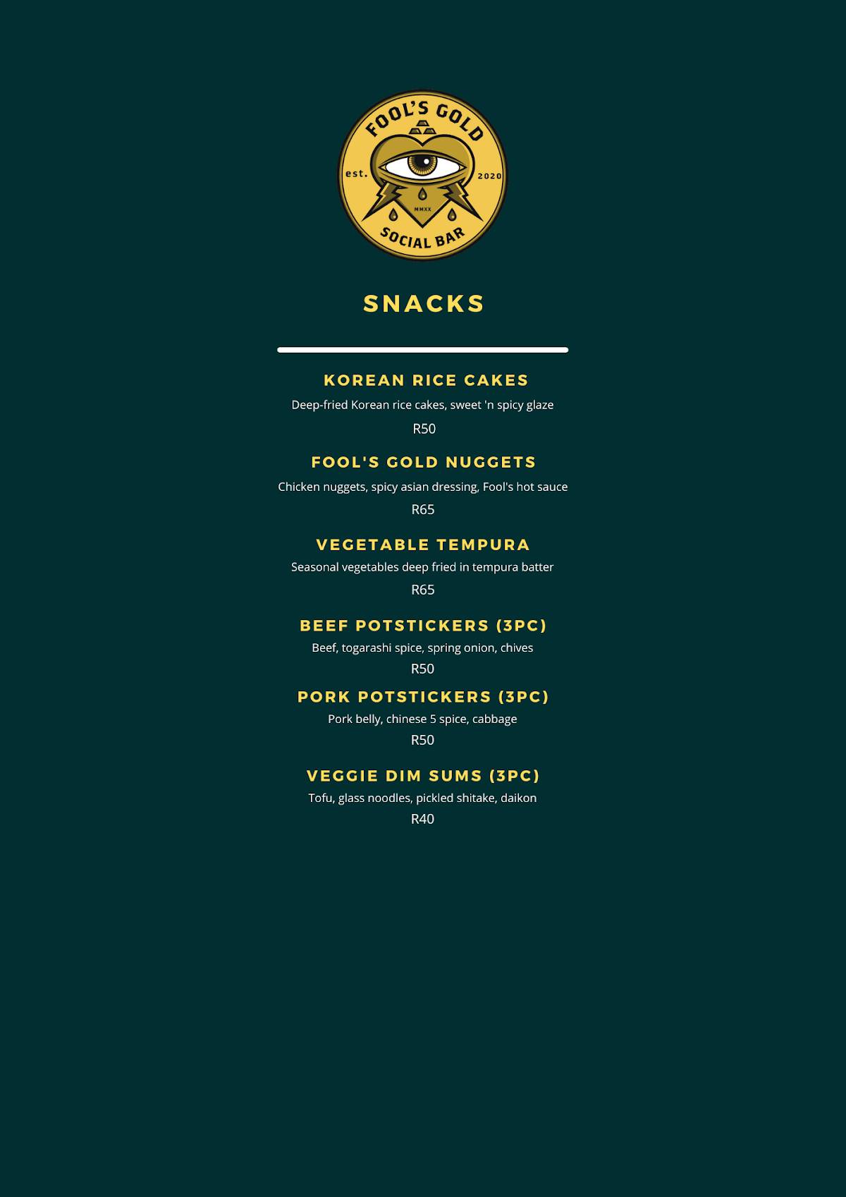 Menu at Fool's Gold Social Bar, Stellenbosch