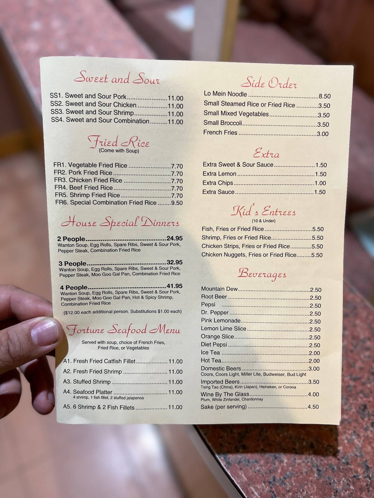 Menu at Fortune restaurant, Texas City