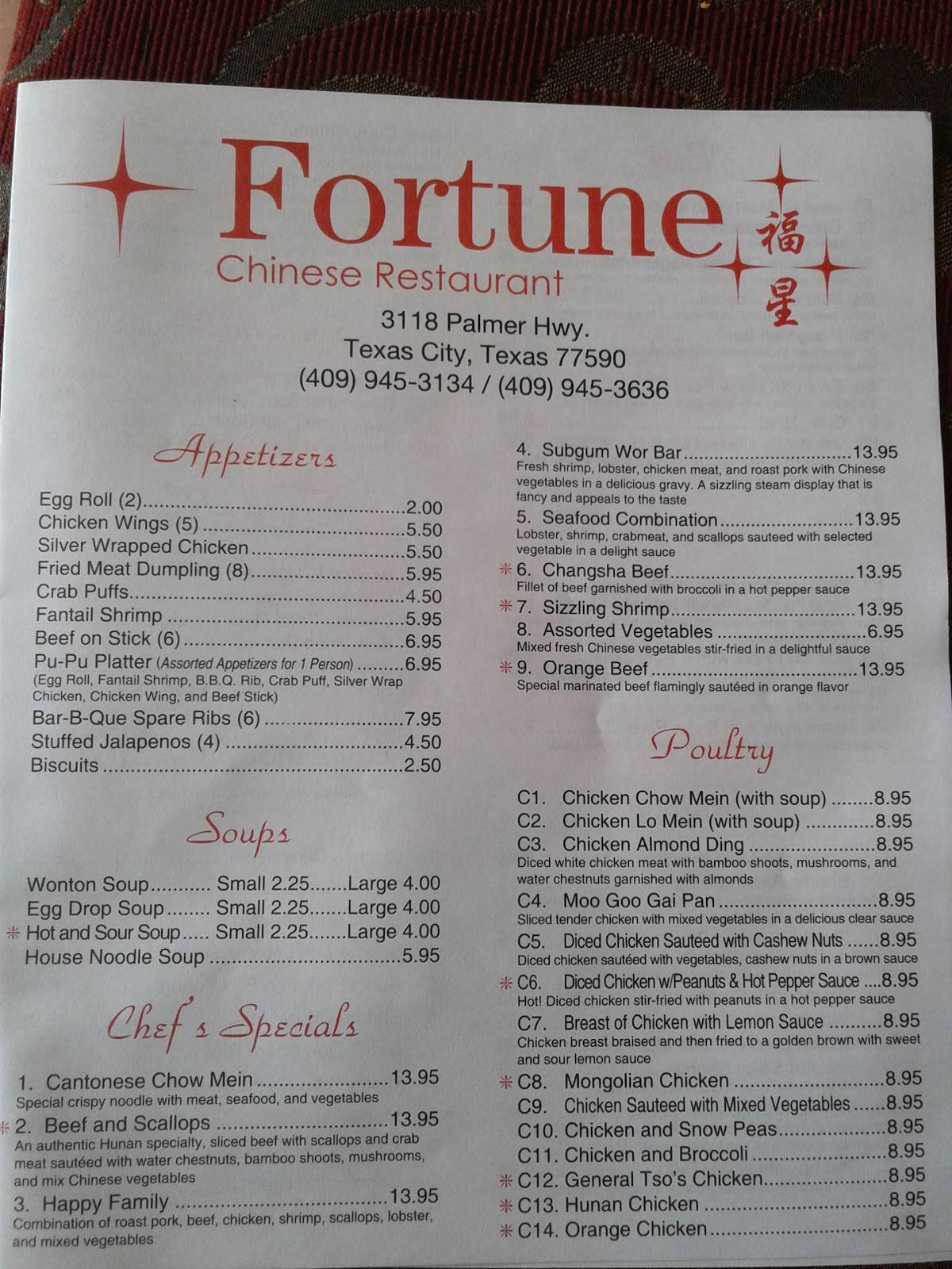 Menu at Fortune restaurant, Texas City
