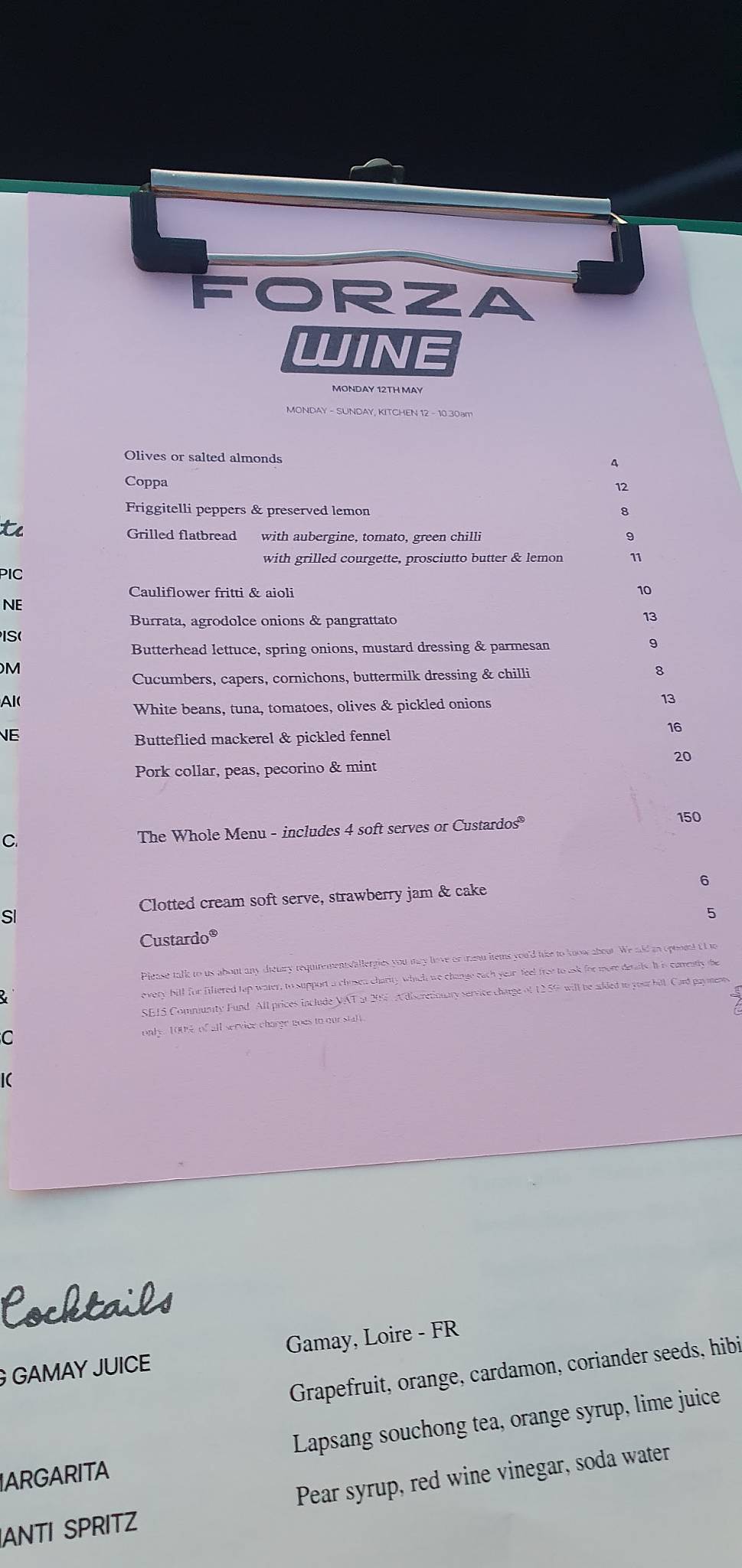 Menu at Forza Wine Peckham restaurant, London