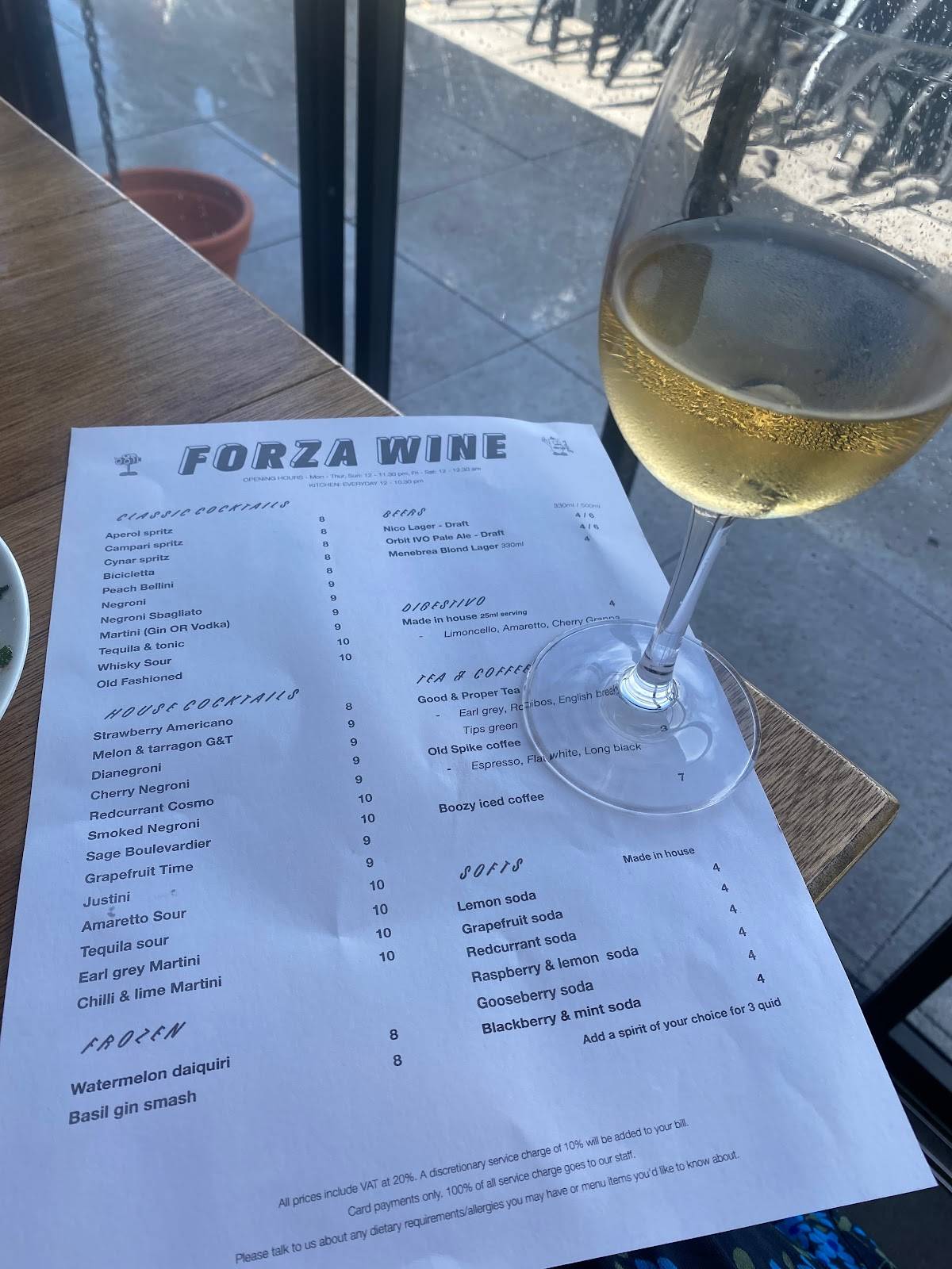 Menu at Forza Wine Peckham restaurant, London