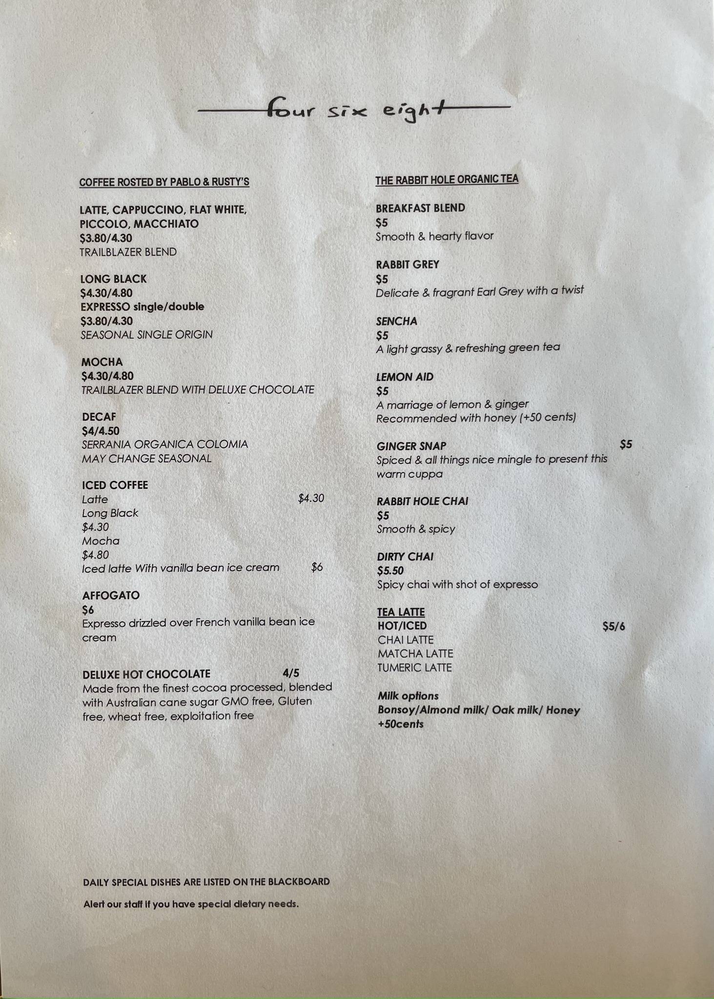 Menu at Four Six Eight Cafe, Paddington