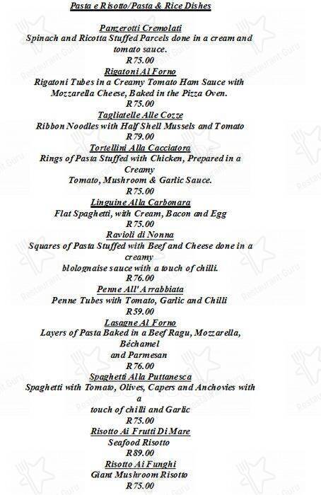 Menu at Franco's restaurant, Boksburg