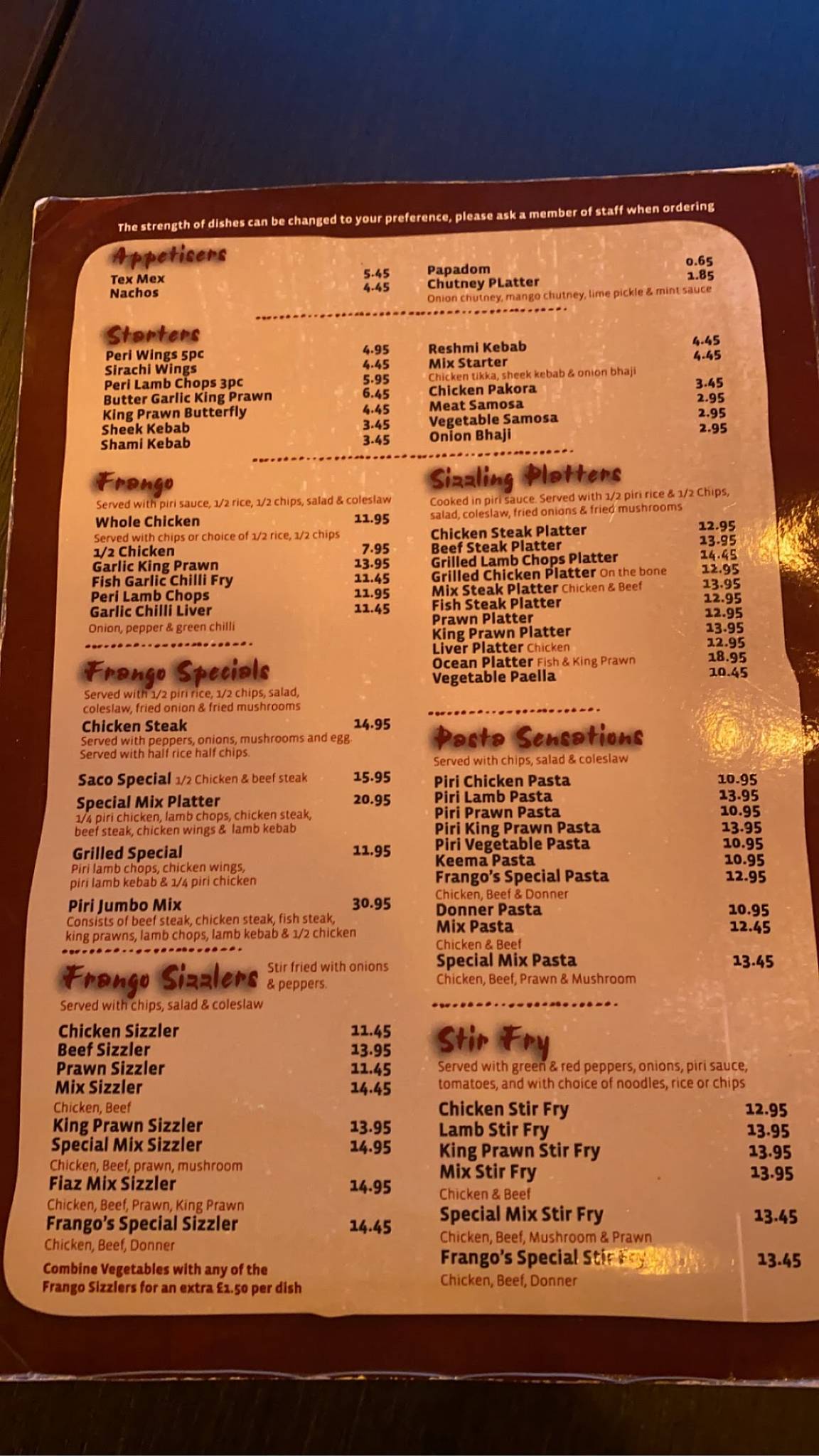 Menu at Frangos restaurant, Oldham