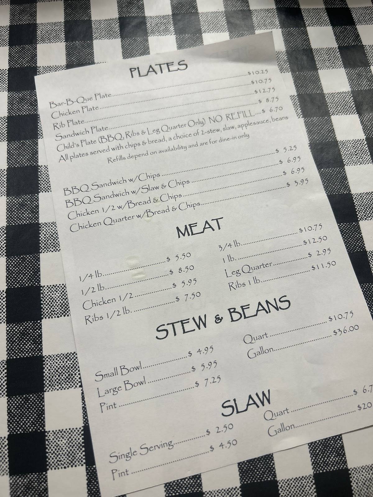 Menu at Bar H Barbecue, Franklin Springs