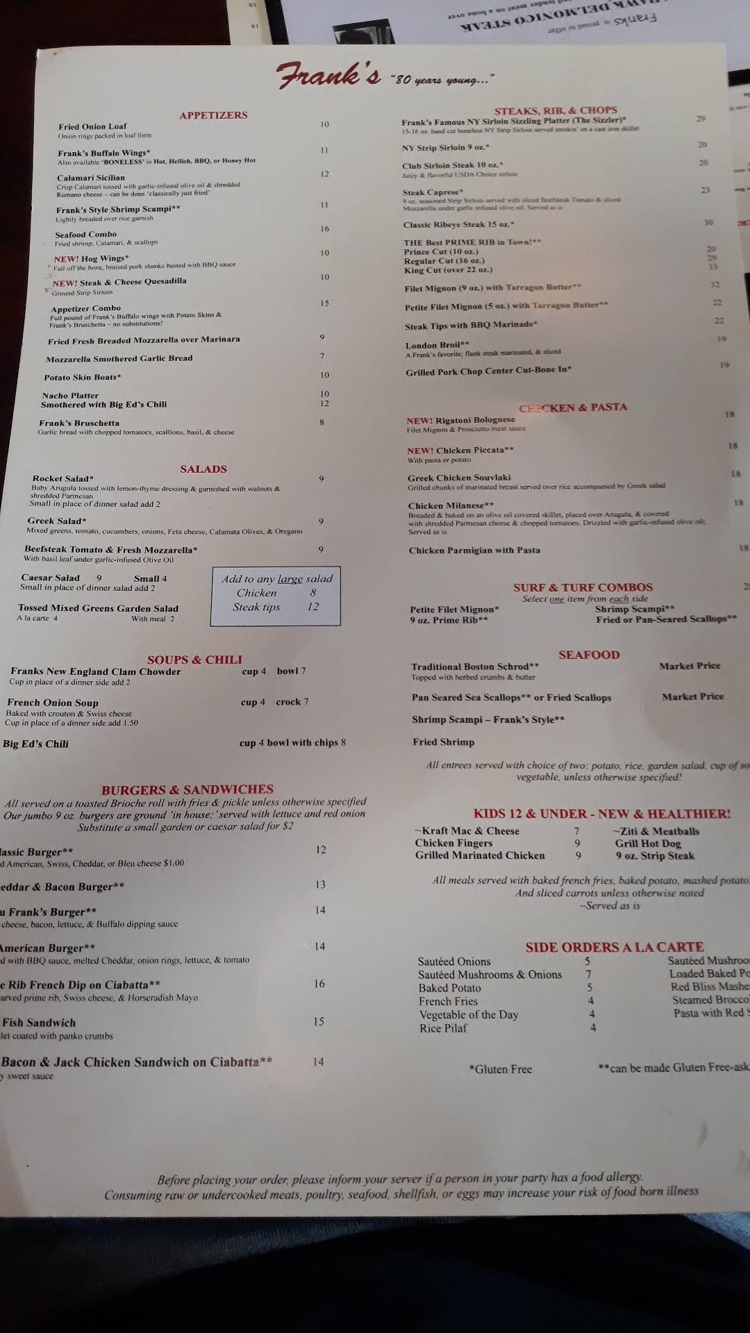 Menu at Frank's Steak House steakhouse, Cambridge