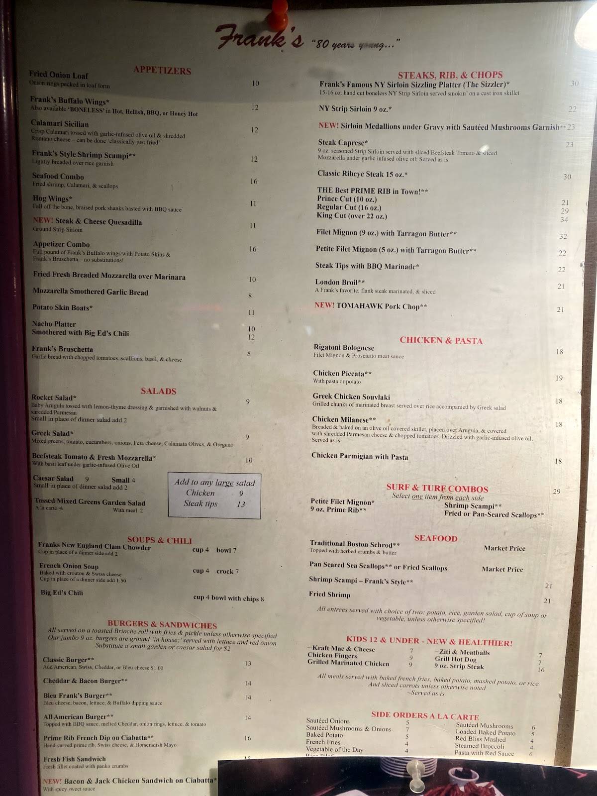 Menu at Frank's Steak House steakhouse, Cambridge