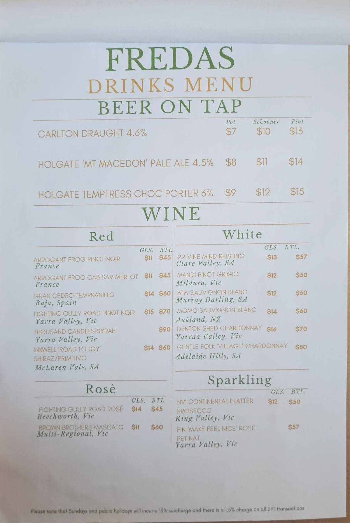 Menu at Freda’s Cafe Restaurant Bar, Bakery Hill