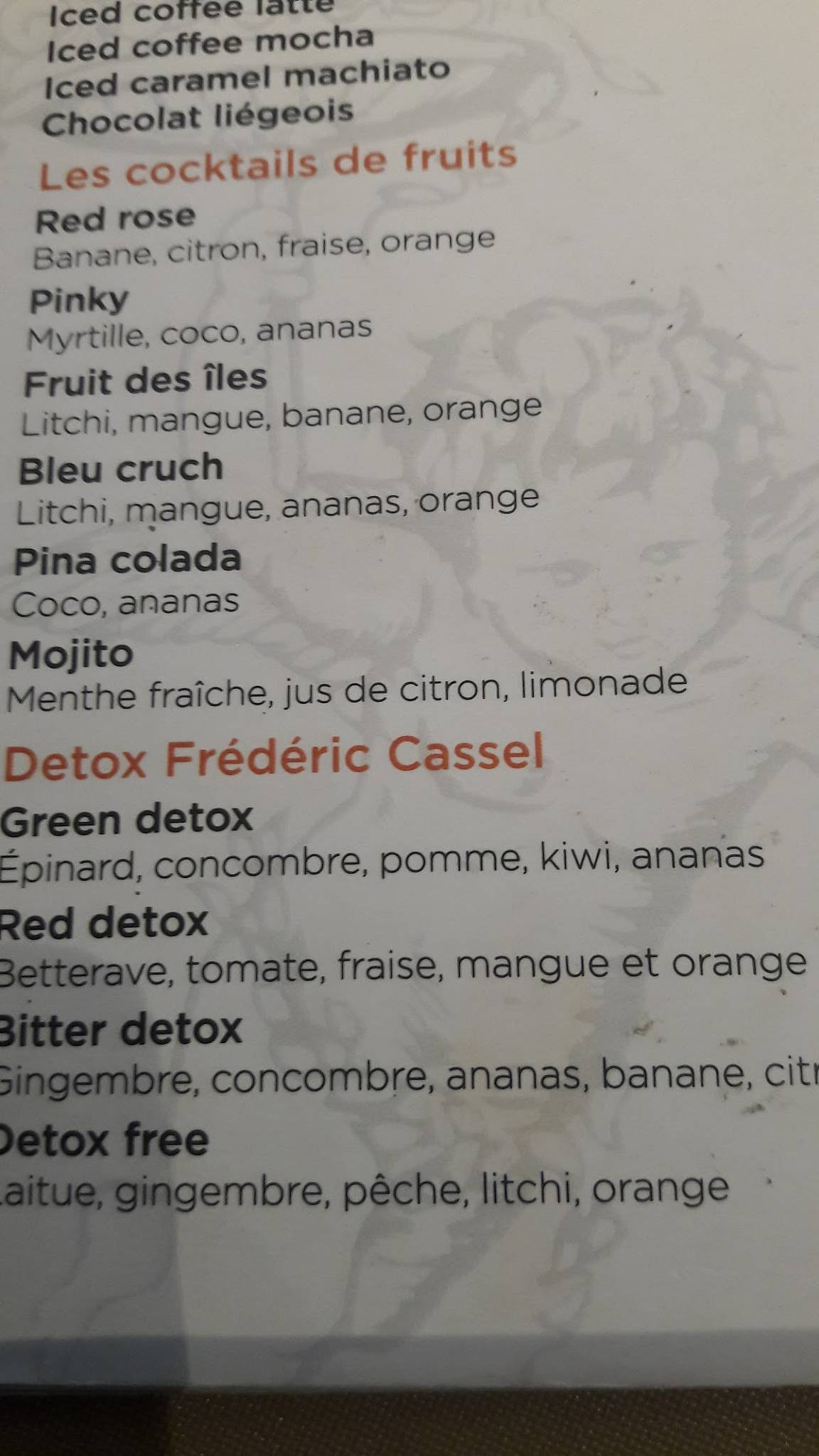 Menu au Frédéric Cassel restaurant, Casablanca