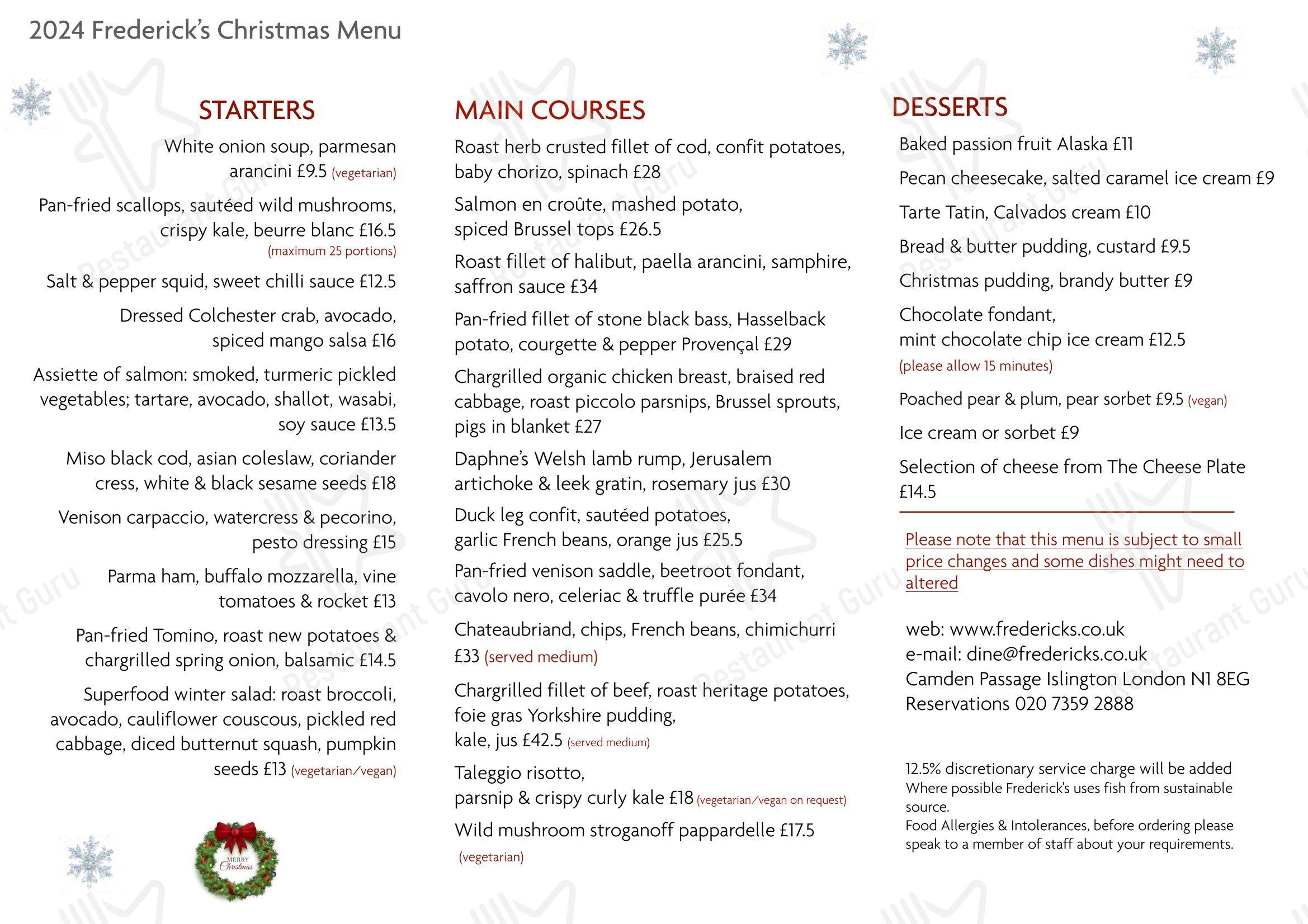 Menu at Frederick's pub & bar, London, 106 Islington High St