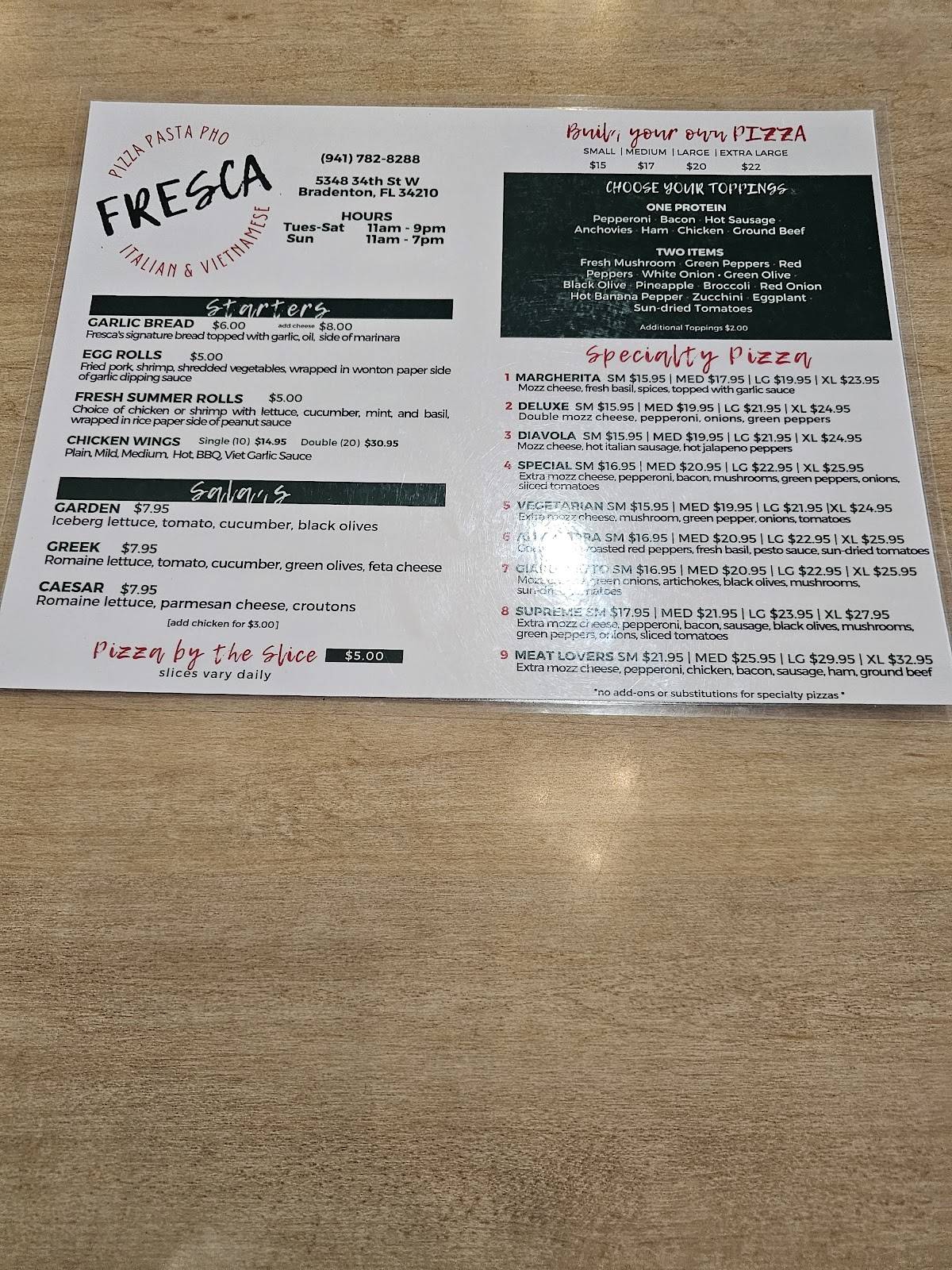 Menu at Fresca Pizza and Pasta pizzeria, Bradenton