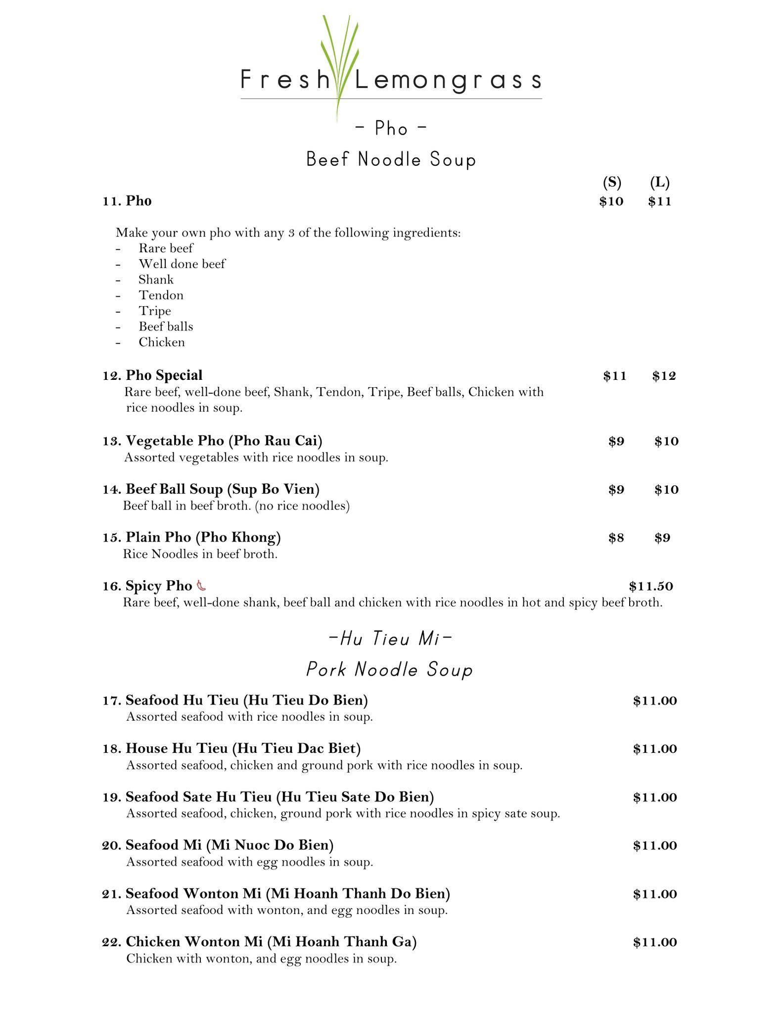 Menu at Fresh Lemongrass Vietnamese Restaurant, Vernon