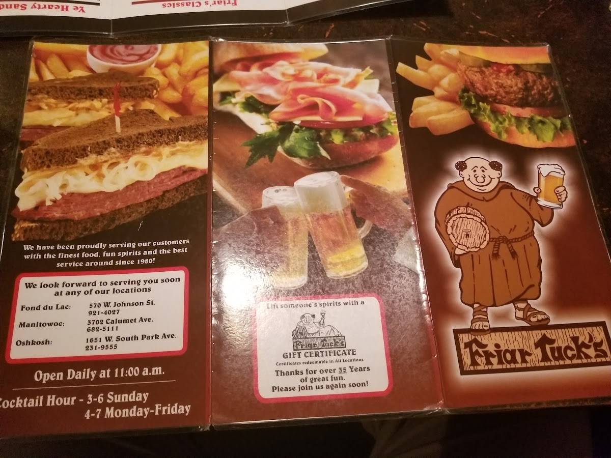 Menu at Friar Tuck's pub & bar, Manitowoc