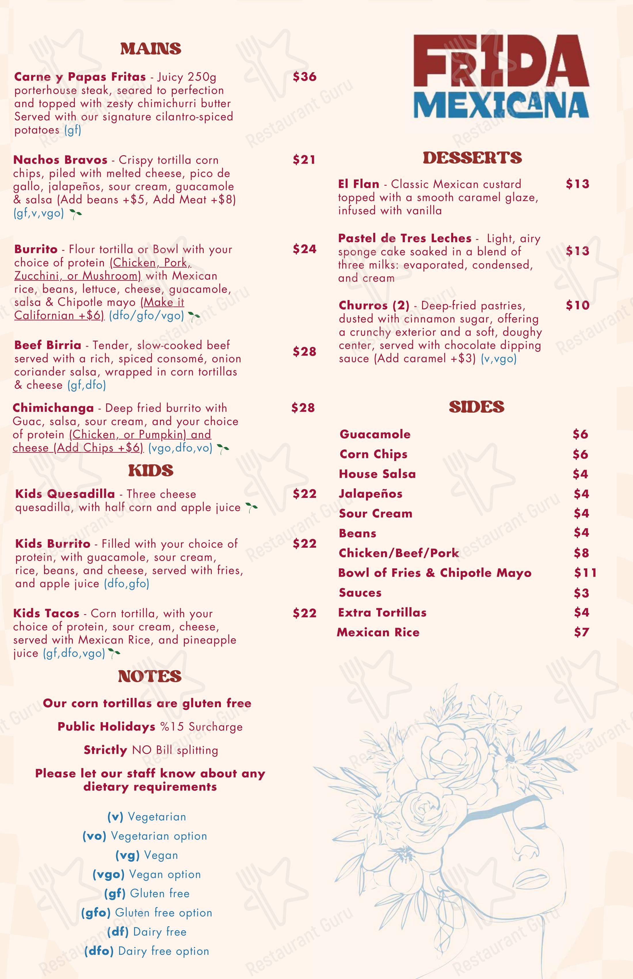 Menu at Frida Mexicana restaurant, Fremantle