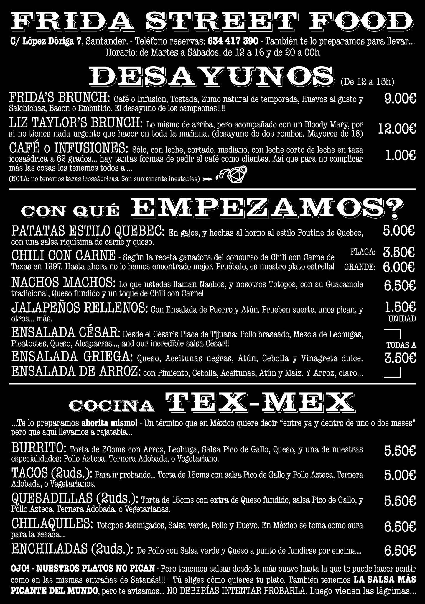 Carta del restaurante Frida Street Food, Santander