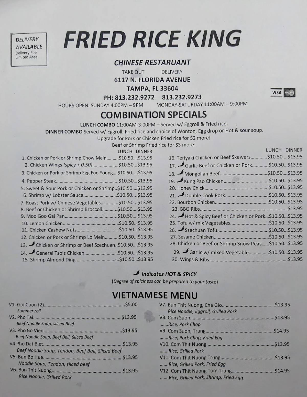 Menu at Fried Rice King restaurant, Tampa