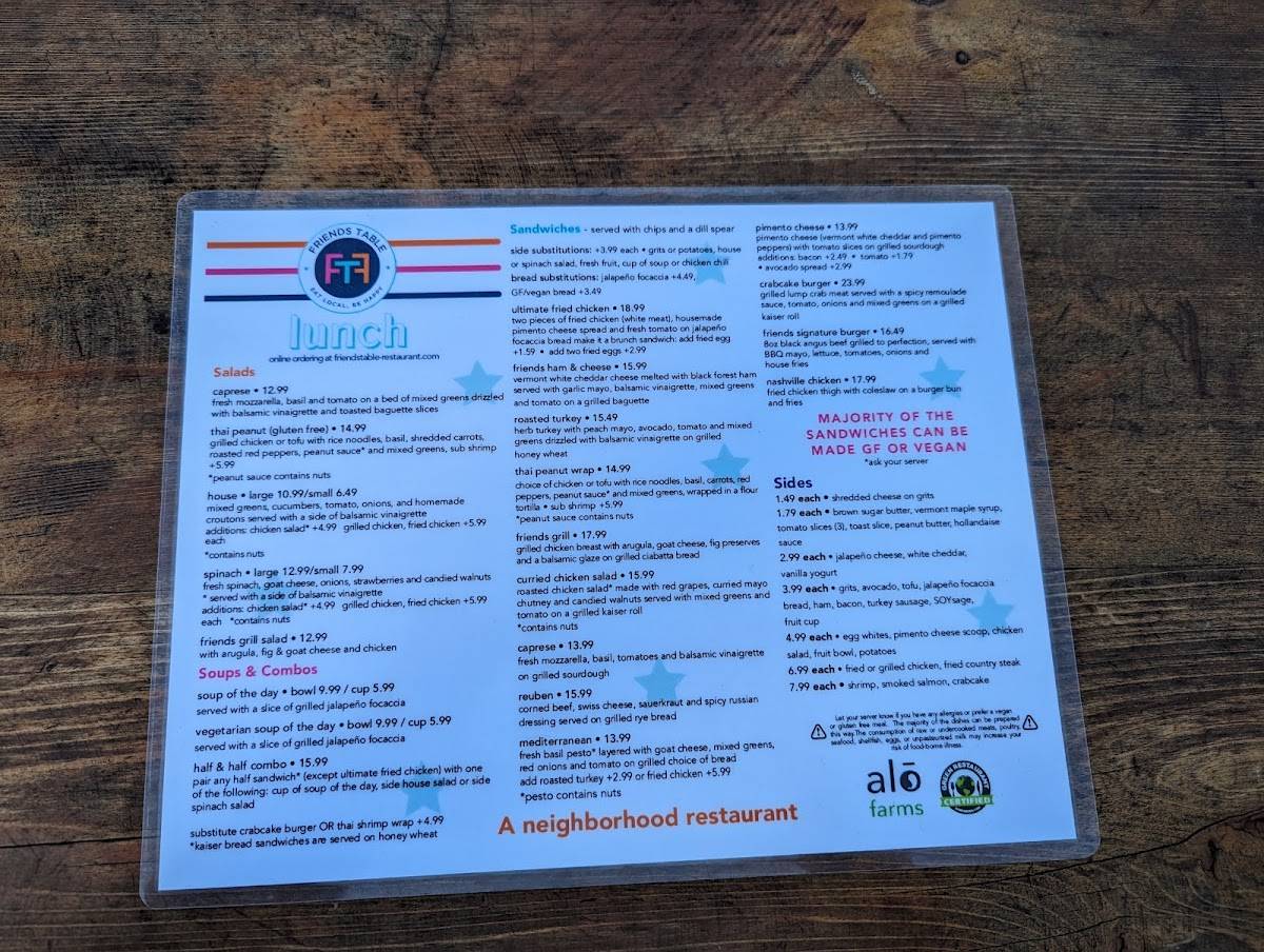 Menu at Friends Table Restaurant & Bar, Peachtree City