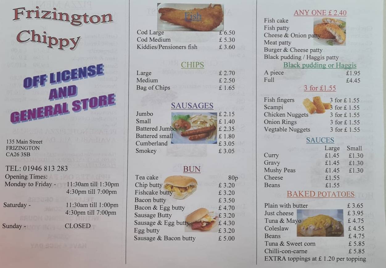 Carta del restaurante Frizington Chippy, Frizington