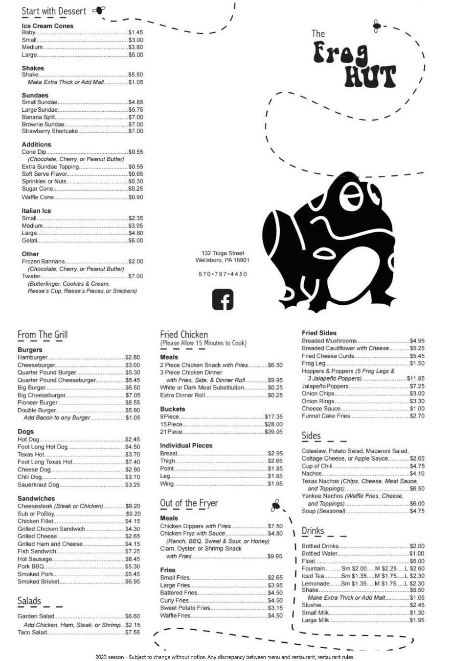 Menu at Frog Hut desserts, Wellsboro