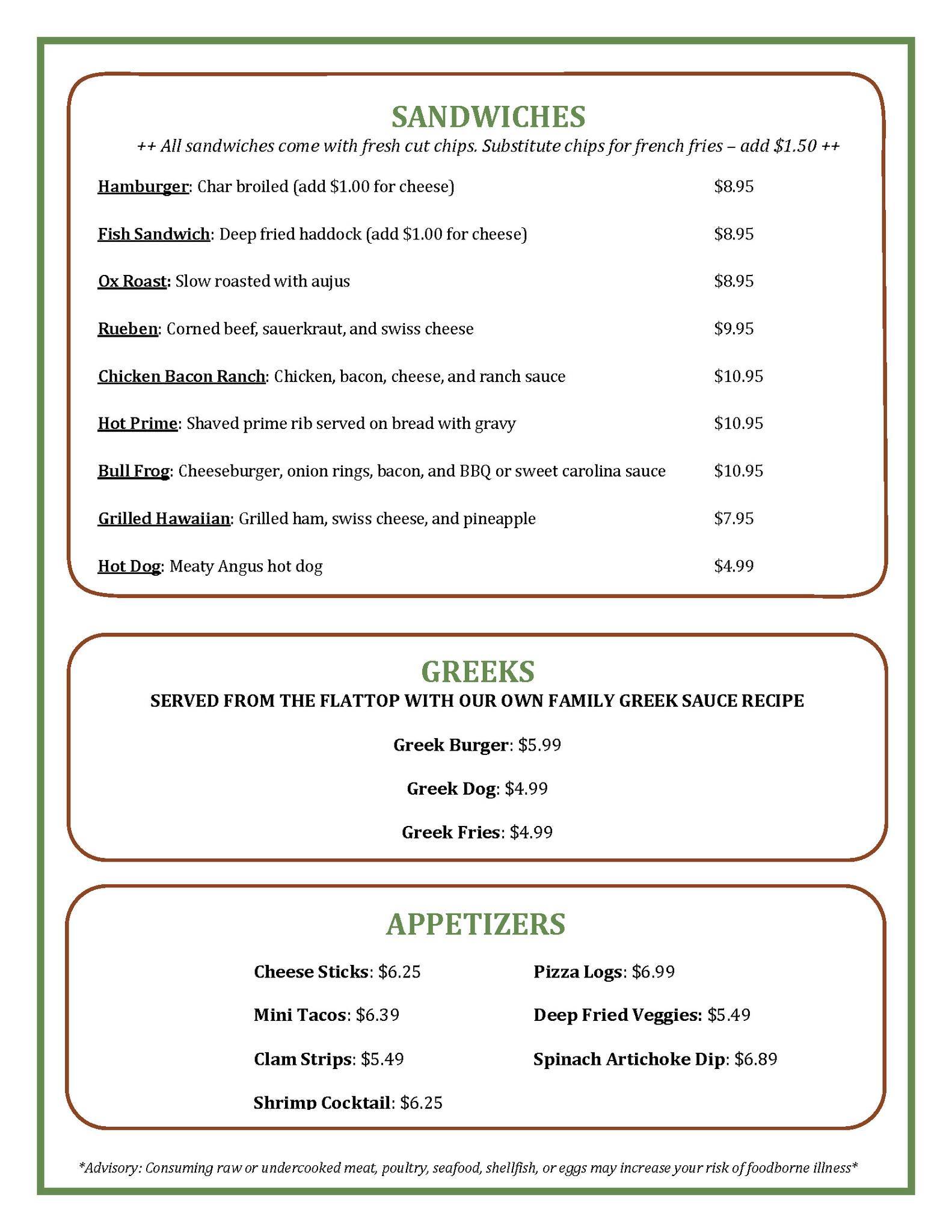 Menu at Frog Pond Restaurant, Canadohta Lake, Circuit Dr