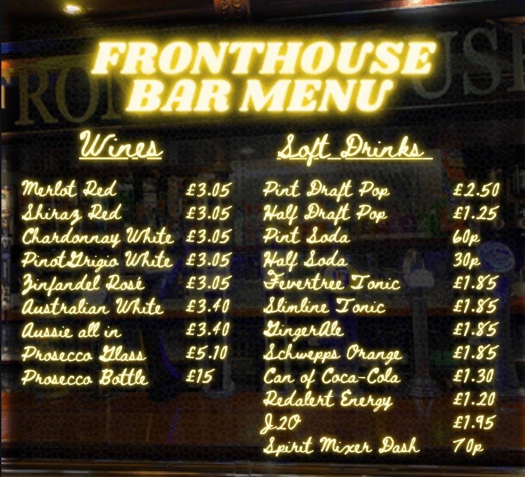 Menu at Front House pub & bar, Oldham, 33 Oldham Rd