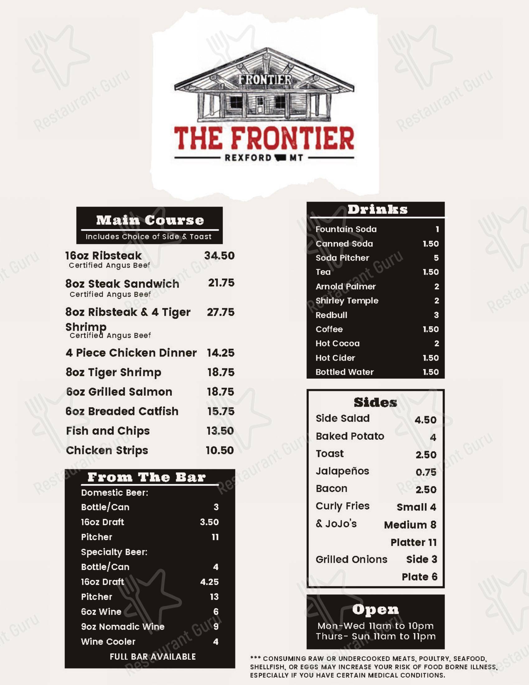 Menu at Frontier Bar & RV, Rexford, 102 Kootenai Rd