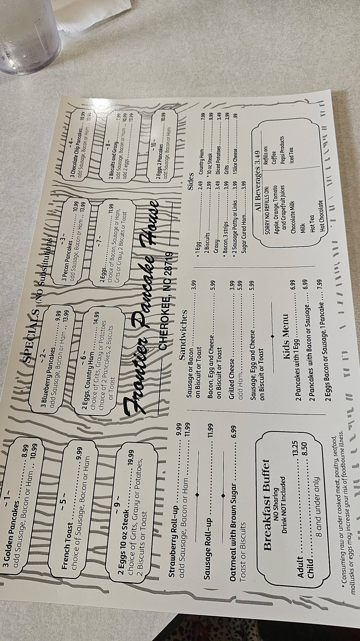 Menu at Frontier Pancake House restaurant, Cherokee
