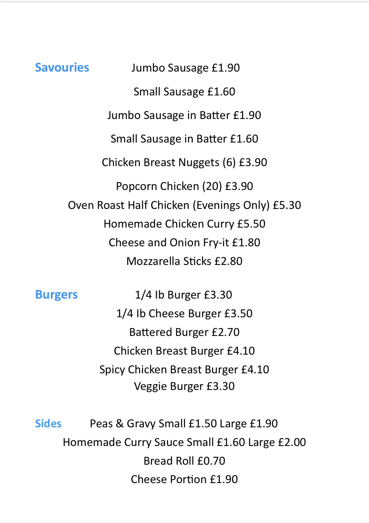 Menu at Frydays restaurant, Llandudno