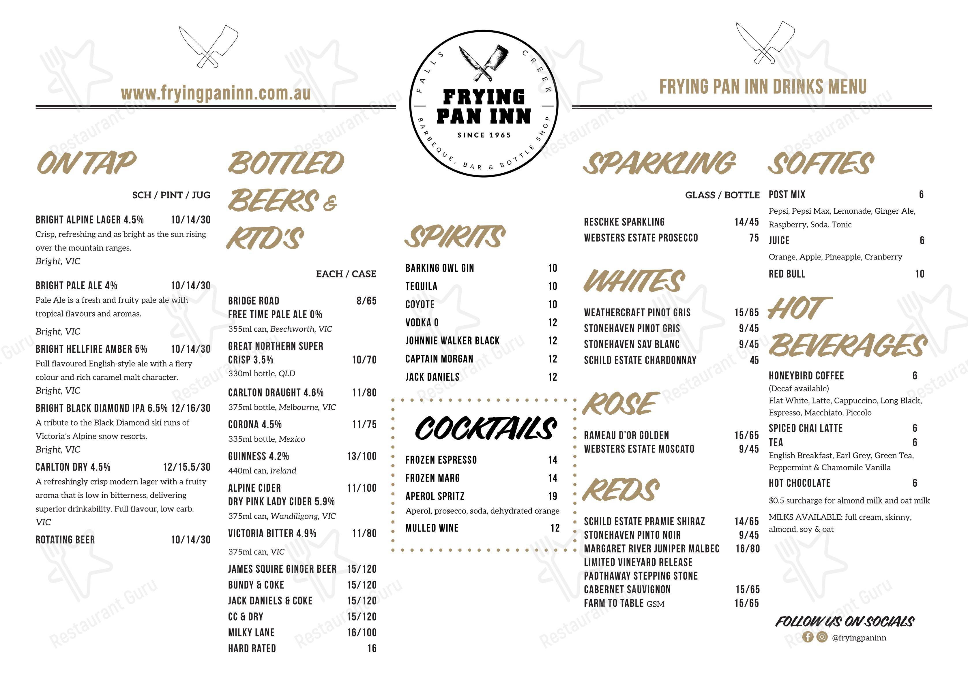 Menu at Frying Pan Inn restaurant, Falls Creek, 4 Village Bowl Ct
