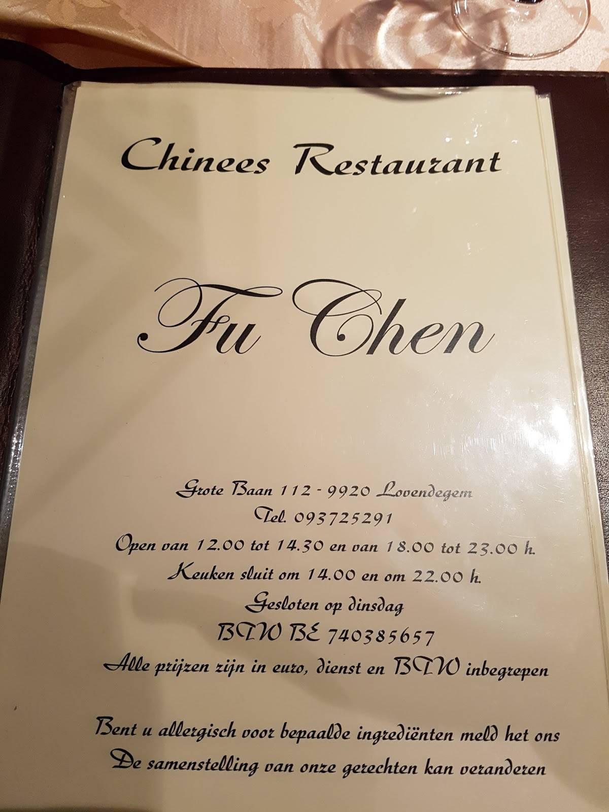 Menu at Fu Chen, Lovendegem