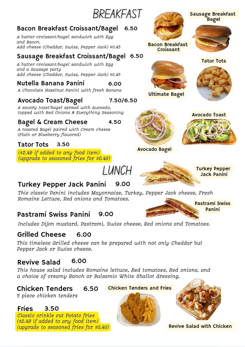Menu at Revive Cafe, Fulshear