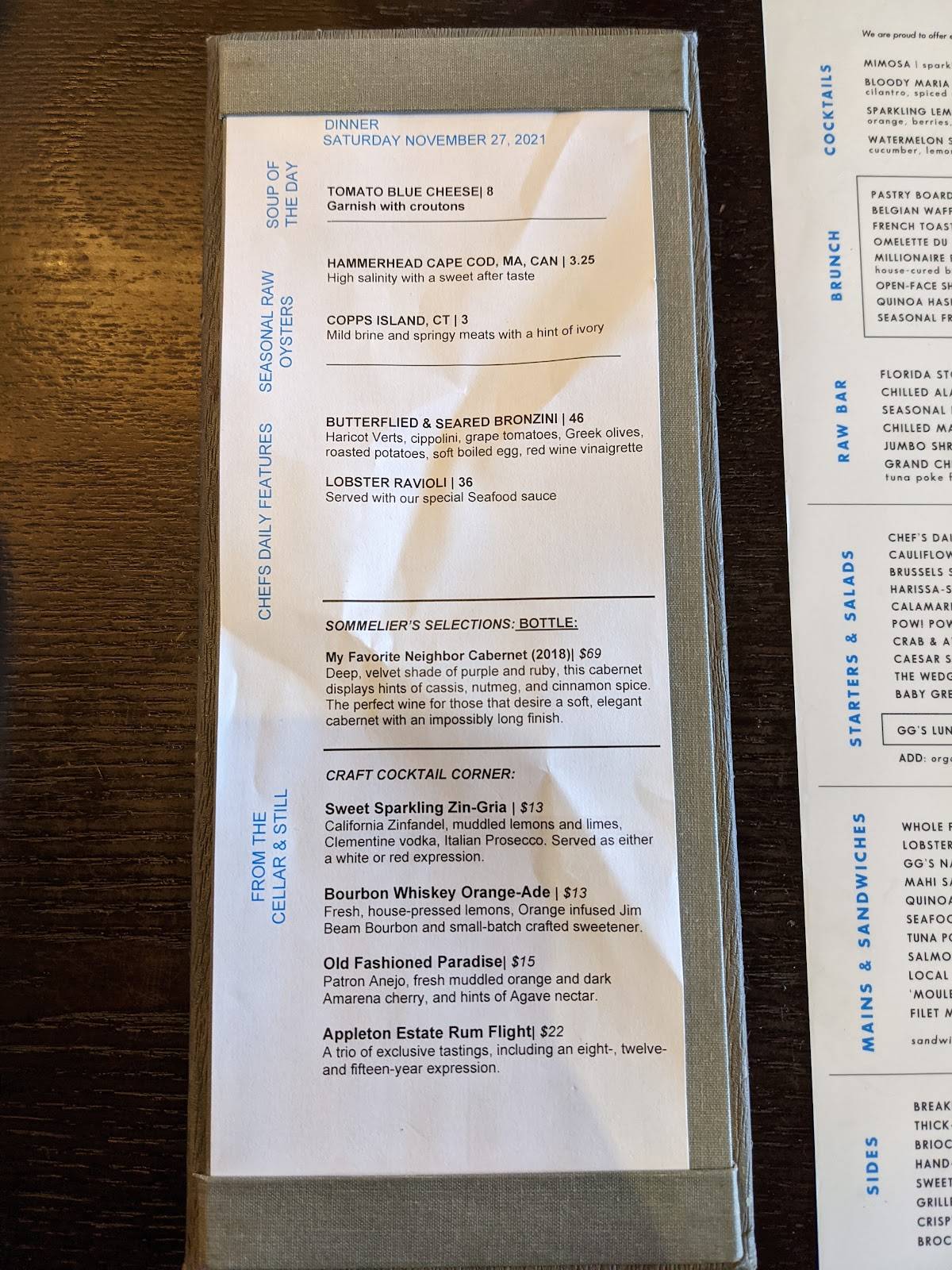 Menu at GG's Waterfront steakhouse, Hollywood