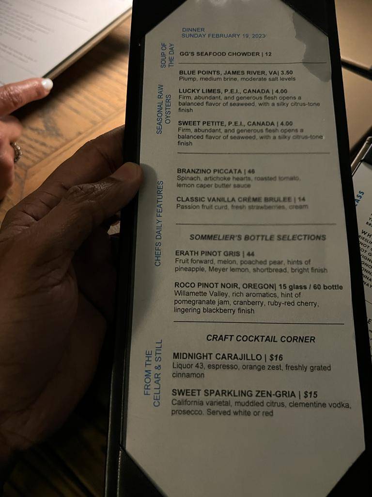 Menu at GG's Waterfront steakhouse, Hollywood