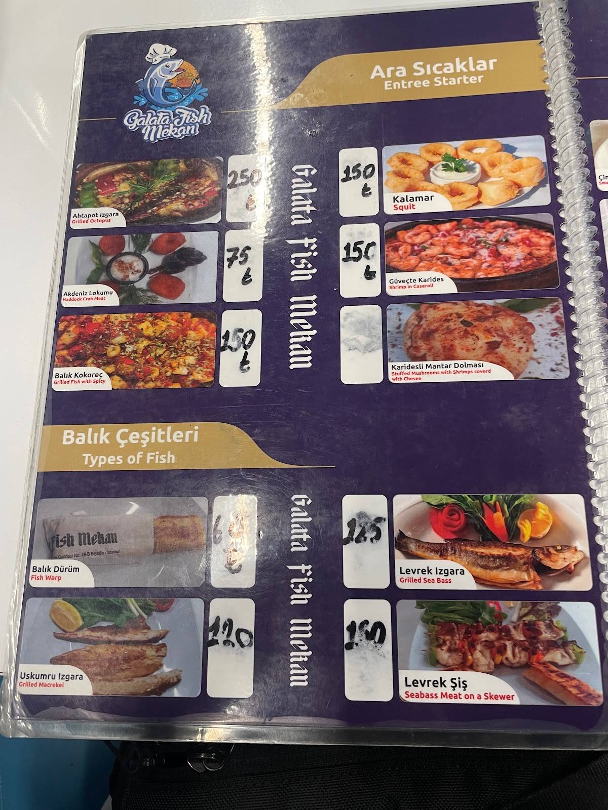 Menu at Galata fish mekan, Istanbul