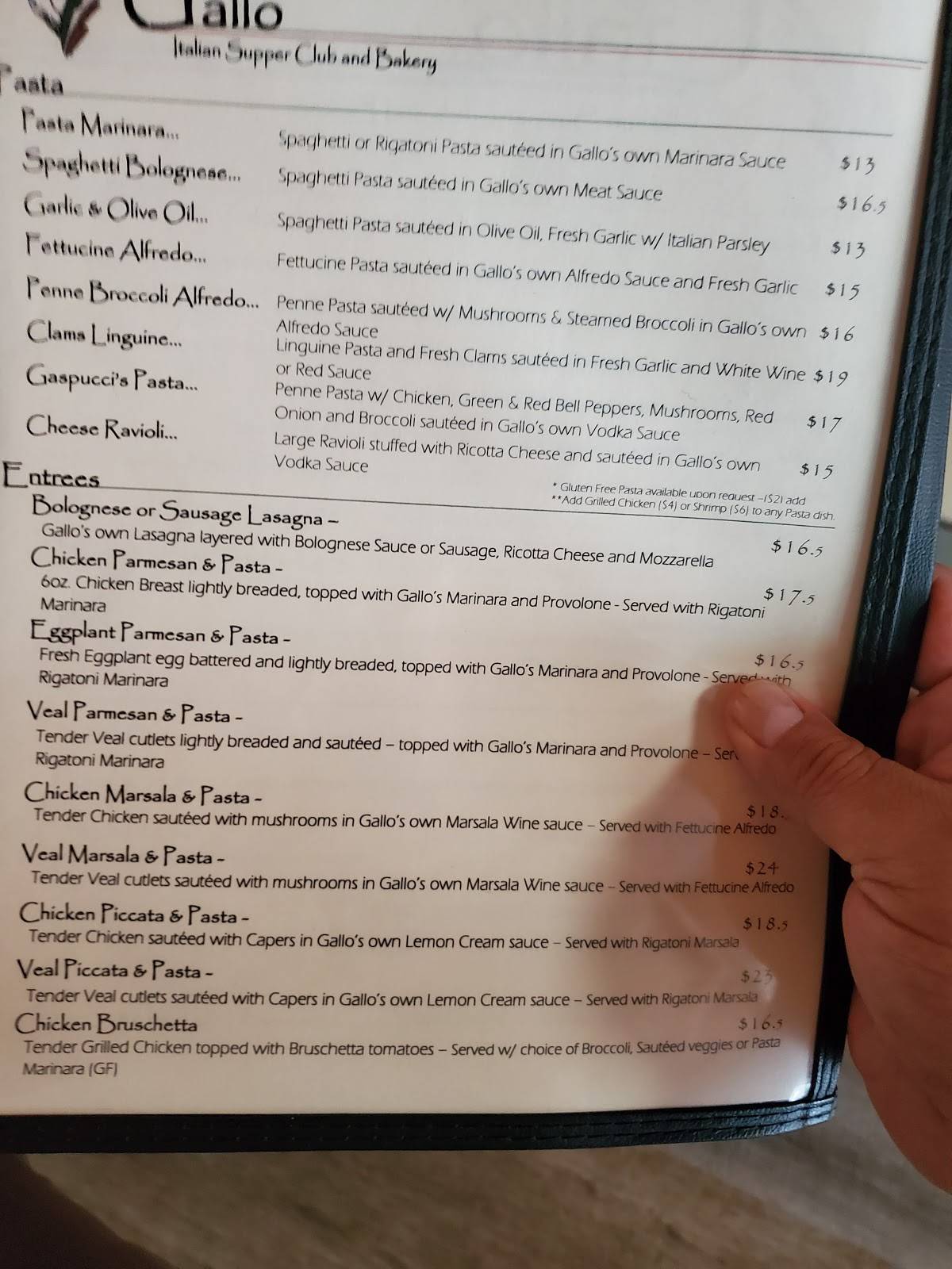 Menu at Gallo Italian Supper Club and Bakery, Englewood