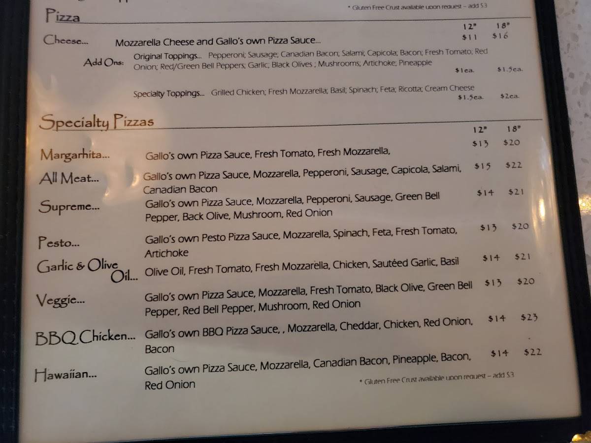 Menu at Gallo Italian Supper Club and Bakery, Englewood