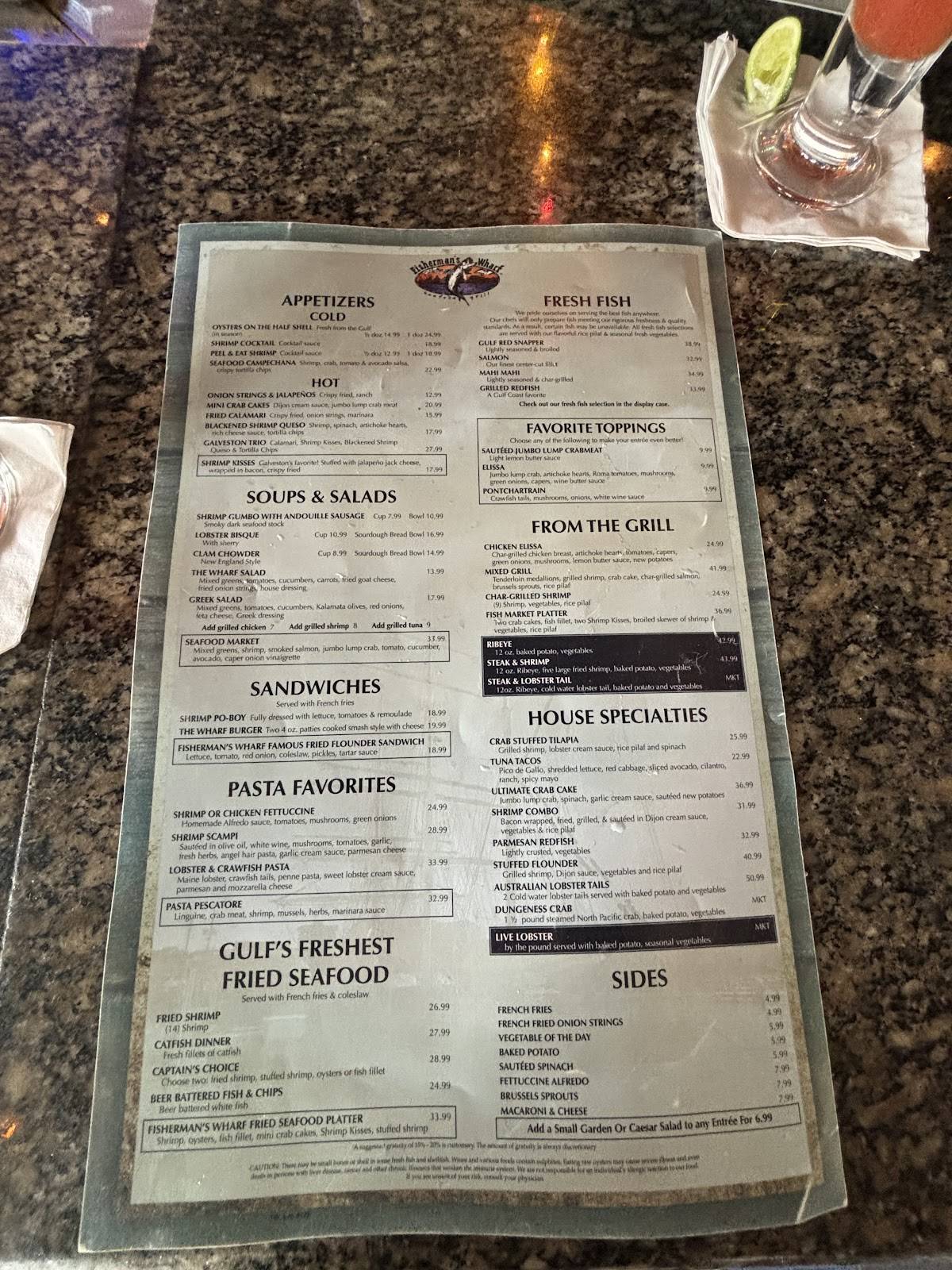 Menu at Fisherman's Wharf restaurant, Galveston, Harborside Dr