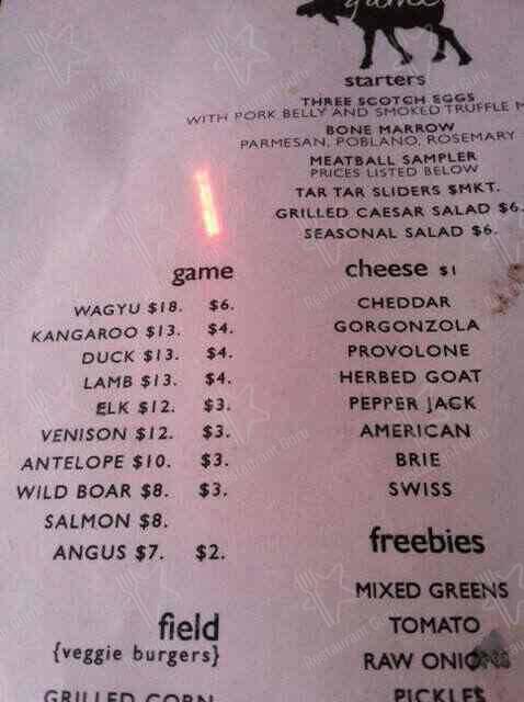 Menu at Game Restaurant, Louisville, Lexington Rd