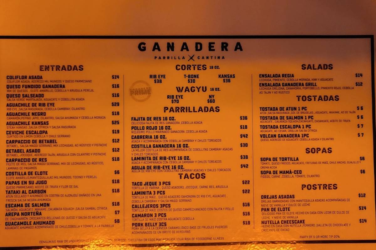 Menu at Ganadera Parrilla-Cantina restaurant, McAllen