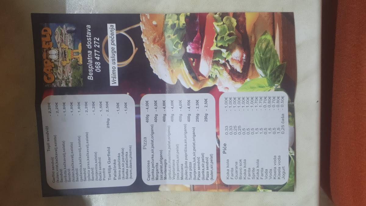 Menu at Garfield restaurant, Petrovac