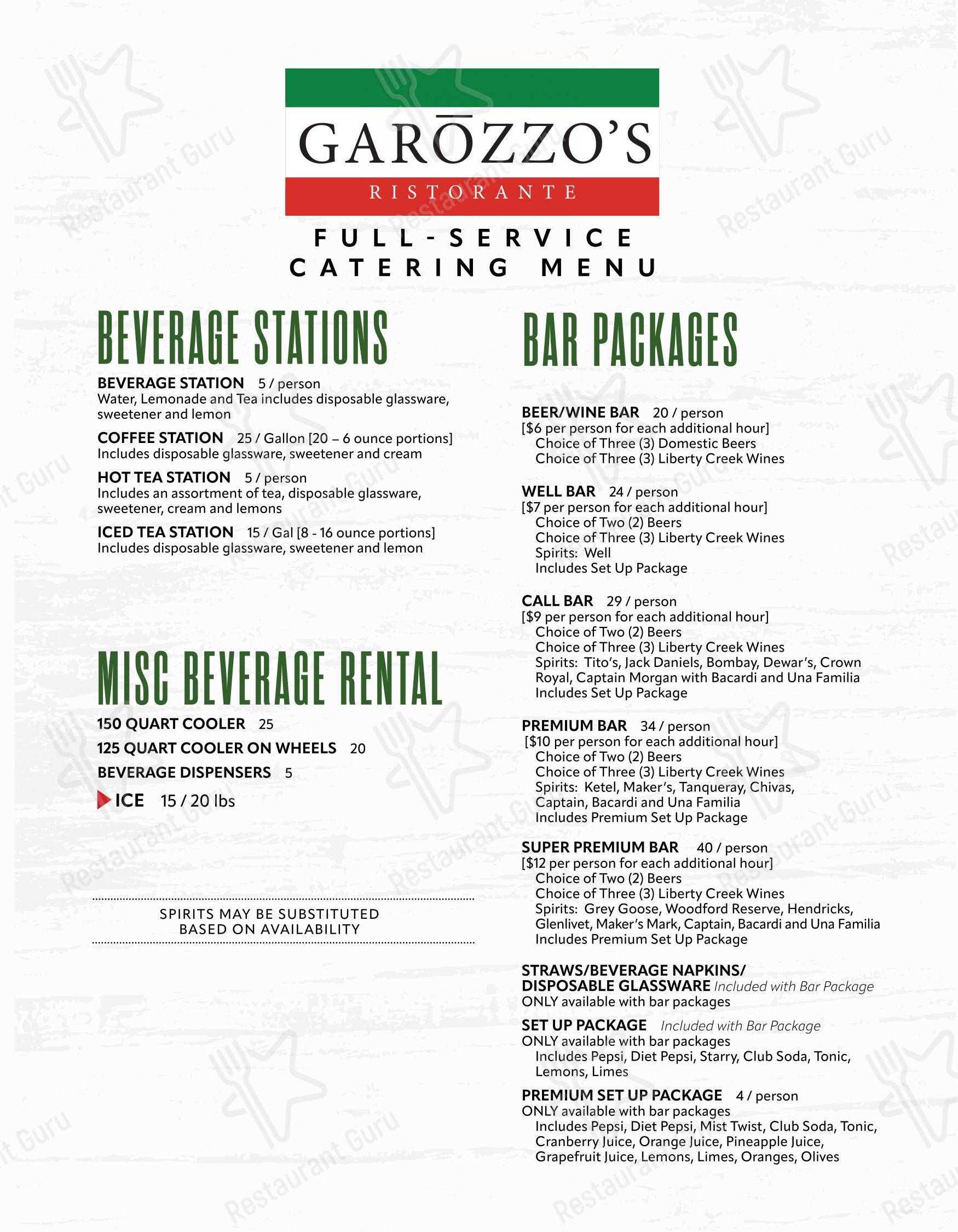 Menu at Garozzo's Downtown restaurant, Kansas City