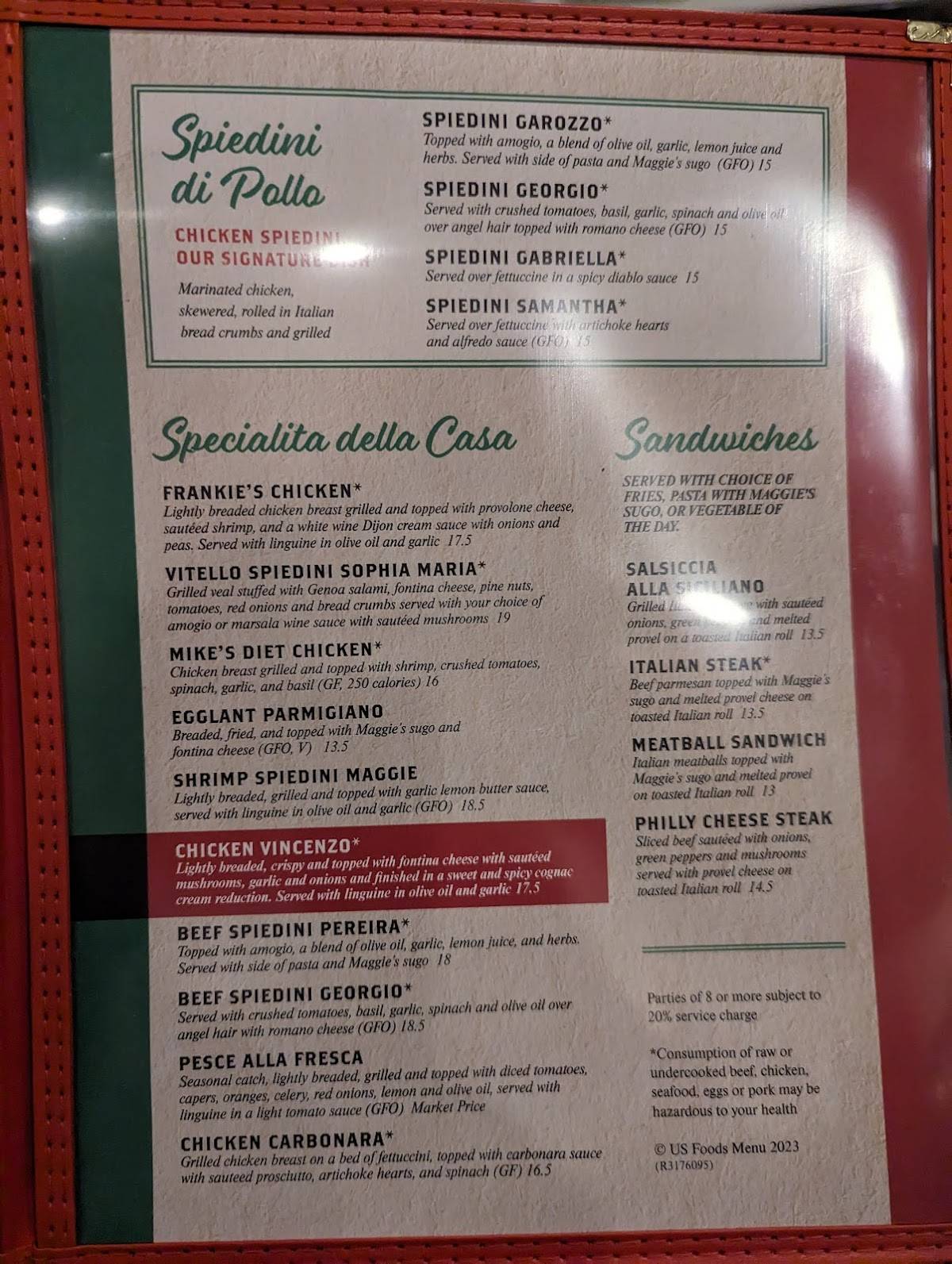 Menu at Garozzo's Downtown restaurant, Kansas City