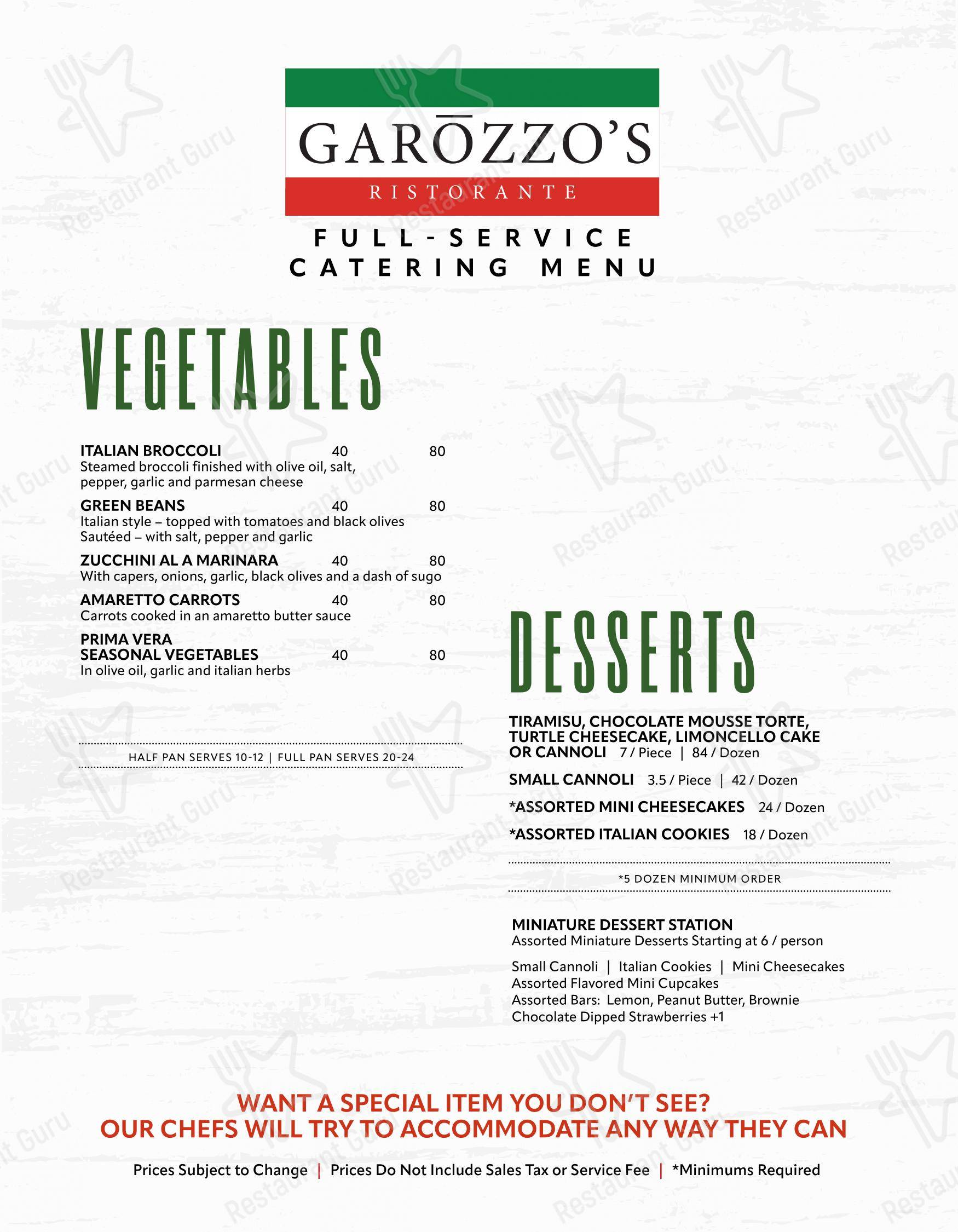 Menu at Garozzo's Downtown restaurant, Kansas City